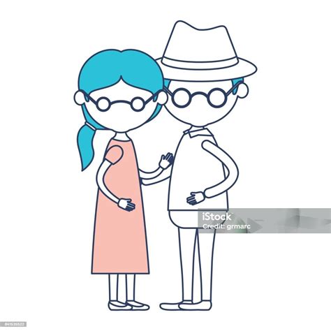 풍자 만화 익명 전신 노인 부부 할머니 사이드 포니 테일의 헤어스타일에서 드레스와 모자와 할아버지와 색상 섹션 실루엣 안경 2명에 대한 스톡 벡터 아트 및 기타 이미지
