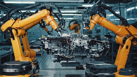 Advanced Robots Assembling Machine Parts In A Modern Manufacturing Facility In Industrial