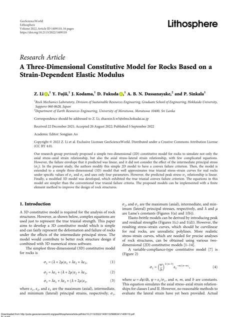 PDF A Three Dimensional Constitutive Model For Rocks Based On A Strain Dependent Elastic Modulus