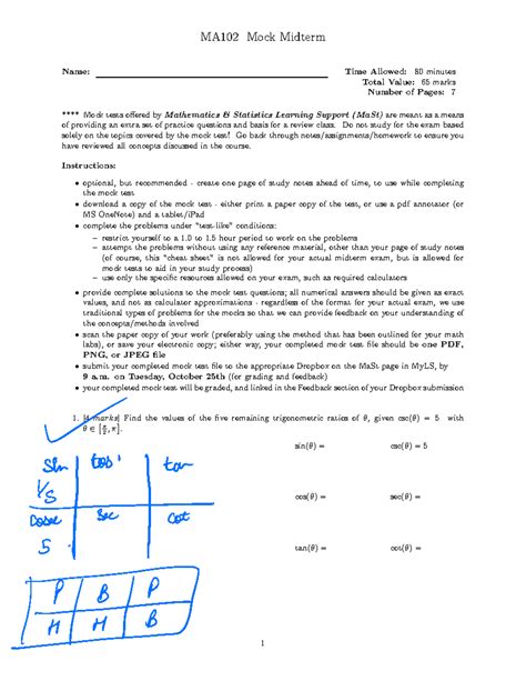 Ma102 Mock Midterm Exam With Answers Ma102 Mock Midterm Name Time Allowed 80 Minutes Total