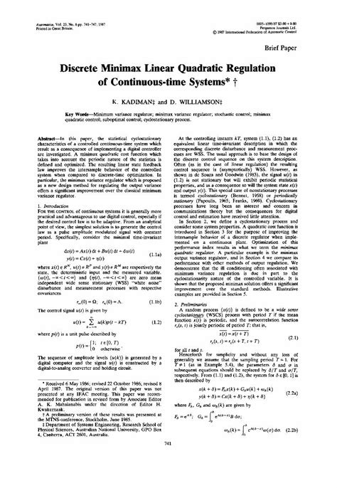 Pdf Discrete Minimax Linear Quadratic Regulation Of Continuous Time Systems Dokumentips
