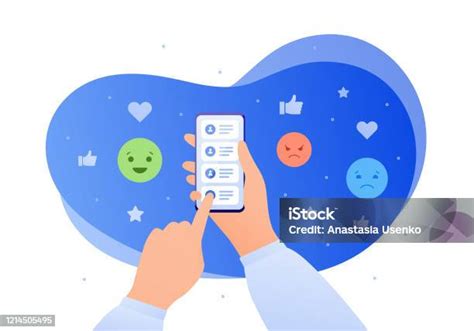 스마트 폰 사용 개념 벡터 플랫 일러스트레이션입니다 핸드폰을 들고 있는 인간의 손 행복 슬프고 분노 이모티콘 기호와 고객 피드백