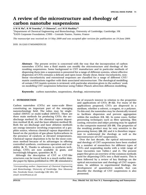 A Review Of The Microstructure And Rheology Of Carbon Nanotube Suspensions Pdf Carbon