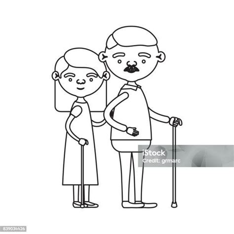 바로 중간 머리 드레스와 콧수염으로 할아버지 할머니의 지팡이에서 실루엣 전신 몇 노인 스케치 2명에 대한 스톡 벡터 아트 및 기타 이미지 Istock