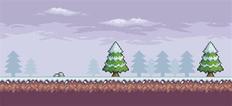 Premium Vector Pixel Art Game Scene In Snow With Pine Trees Clouds And 8bit Stone