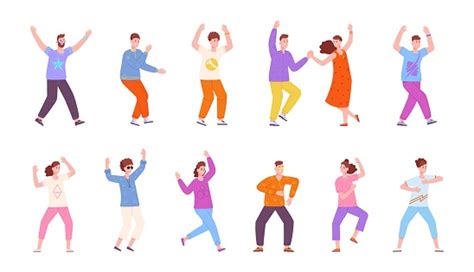 재미있는 친구들이 춤을 추고 있습니다 사람들은 댄스 파티 여자와 남자는 흥분 사람 댄서는 음악을 즐기고 클럽 젊은 댄서 남성과 여성 그룹은 콘서트를 축하하고 만화는 화려한