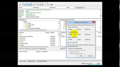how to set linux file permissions for ftp folder through filezilla