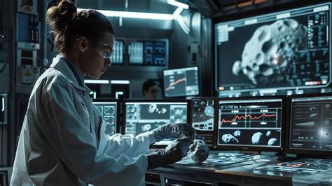Scientist In A Hightech Lab Analyzing Asteroid Data On Multiple Monitors Wearing Lab Coat And