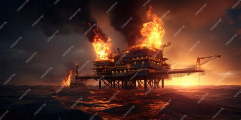 Premium AI Image | Oil rig fire Petroleum production Offshore oil and gas fire case or emergency ...