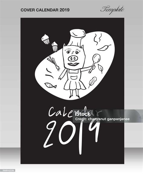 디자인 서식 파일 귀여운 돼지 달력 2019 커버 달력 레터링 손으로 그린 요리사 돼지 만화 벡터 일러스트 레이 션에 사용할 수 있습니다 메뉴 음식 엽서 카드 배너 포스터