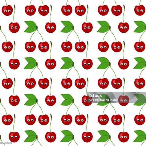 밝은 빨간 체리와 흰색 배경에 귀여운 눈으로 잎매끄러운 패턴 침대 린넨과 직물 포장지 및 벽지에 대한 과일 인쇄 인쇄 스톡 벡터 일러스트레이션 0명에 대한 스톡 벡터 아트