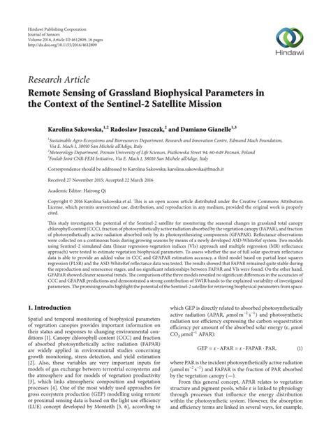 Pdf Remote Sensing Of Grassland Biophysical Parameters In The Context