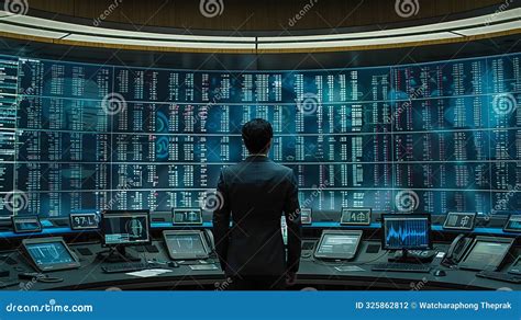 Man Analyzing Data On Large Screen In High Tech Control Room Stock Illustration Illustration