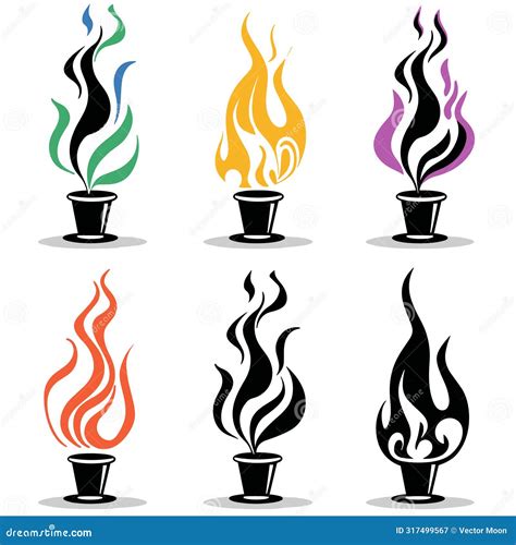 Six Stylized Flames Various Colors Looking Vibrant Artistic Set