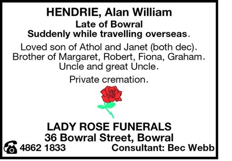 Hendrie Alan William Tributes Southern Highland News Southern