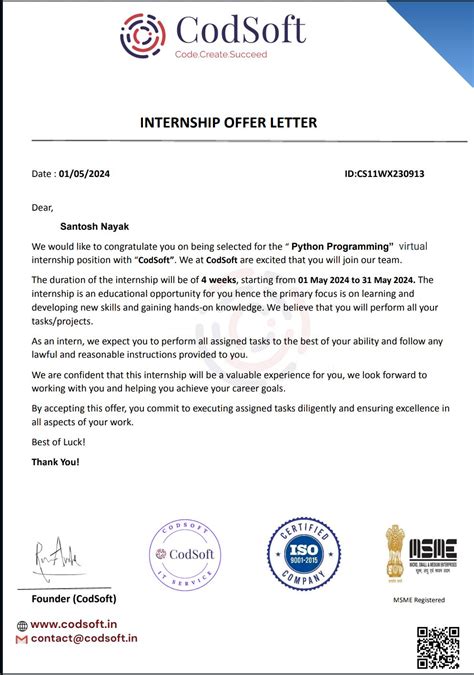 I Got An Internship Letter From Codsoft Santosh Nayak Posted On The