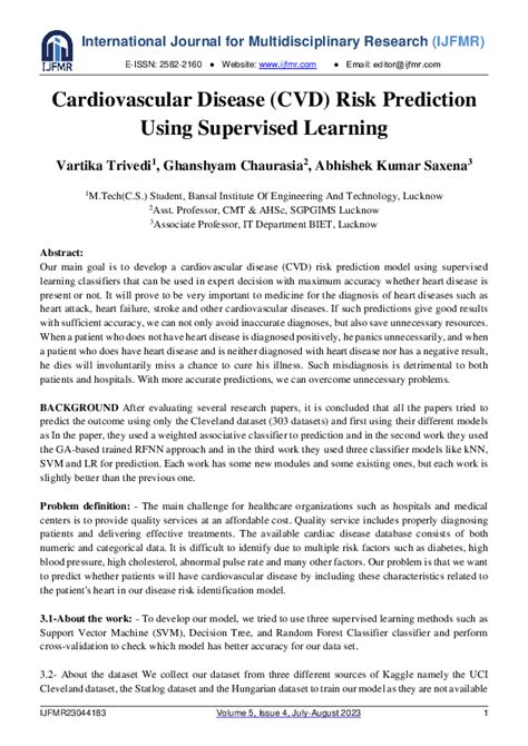 pdf cardio vascular disease cvd risk prediction using supervised