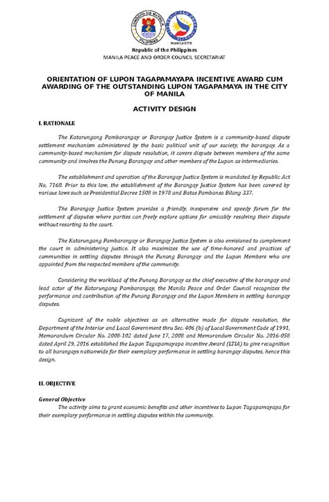 Sample Activity Design Republic Of The Philippines Manila Peace And