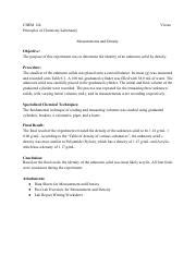 Measurements Density Lab Report Pdf CHEM Principles Of Chemistry Laboratory Vivian