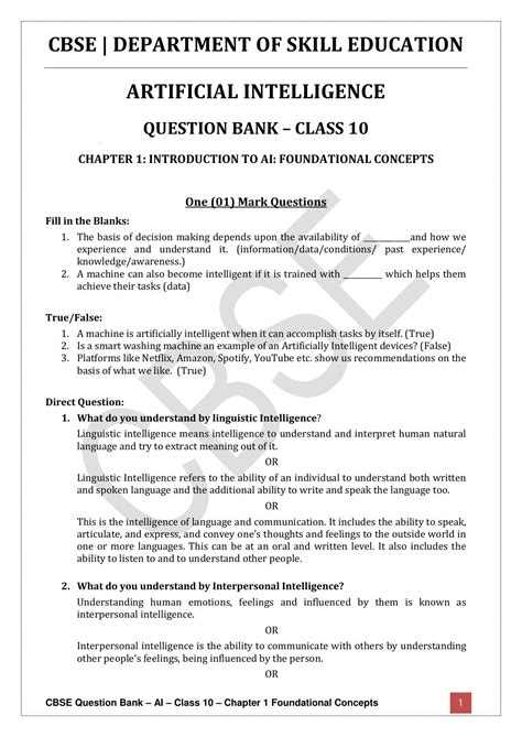 CBSE Class 10 Artificial Intelligence - Chapter 1 Question Bank - IndCareer Docs