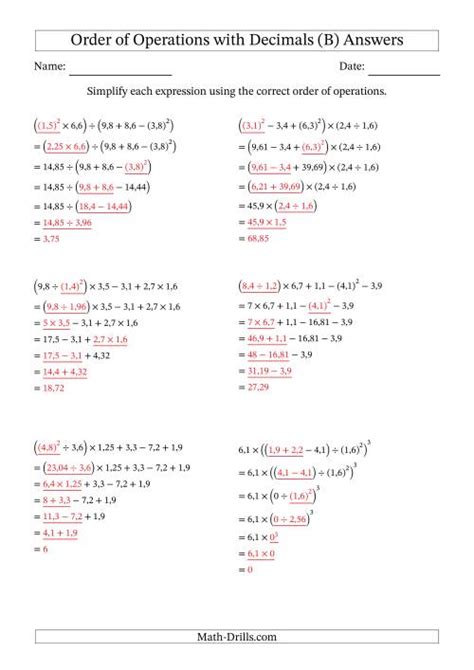Order Of Operations With Positive Decimals Six Steps Comma Decimal Format B
