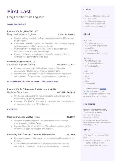 Entry Level Software Engineer Resume Examples For Resume Worded