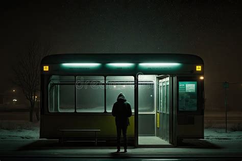 a bus stop with a person waiting for their ride in the dark of night