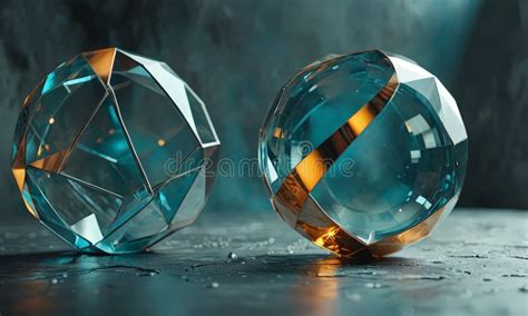 Two Abstract Glass Spheres One With Triangular Pattern And The Other With Curved Design Are