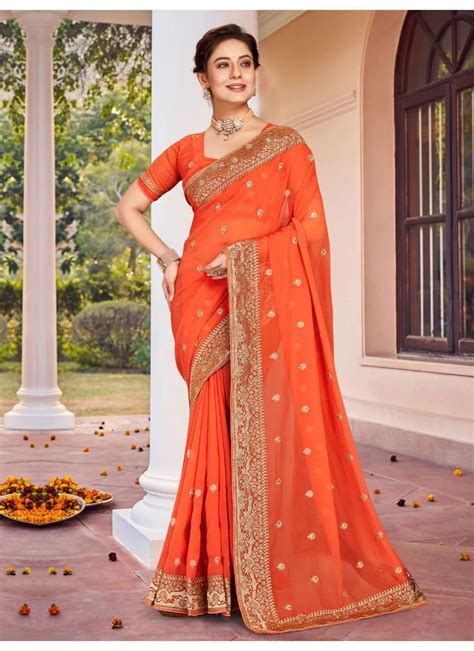 Orange Color Contemporary Saree Party Wear Sarees Georgette Sarees