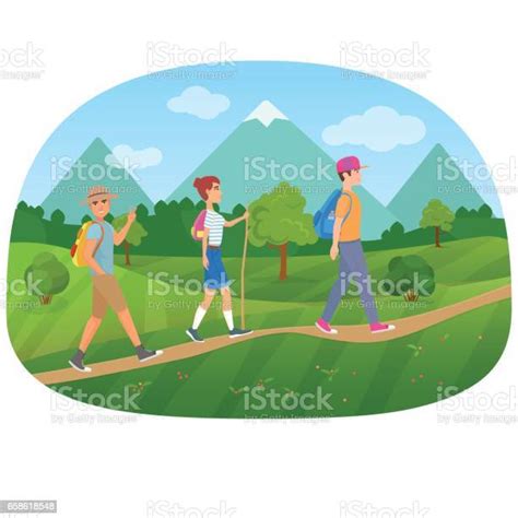 산 벡터 일러스트 레이 션 근처도 산책 하는 관광객의 쾌활 한 그룹 관광에 대한 스톡 벡터 아트 및 기타 이미지 관광 관광객 도로 Istock
