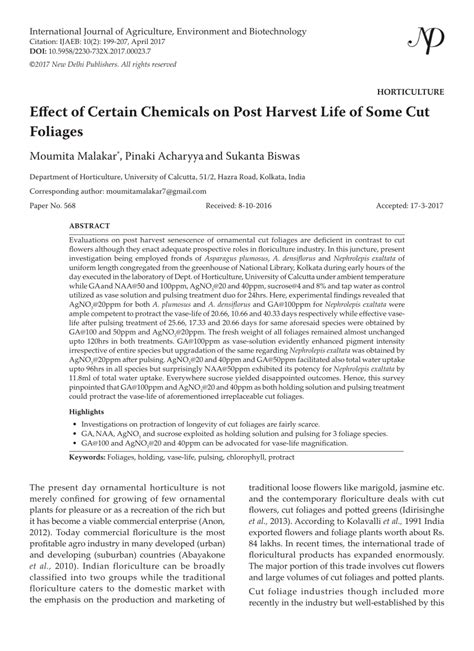 Pdf Effect Of Certain Chemicals On Post Harvest Life Of Some Cut Foliages