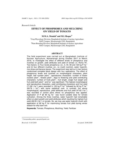 Pdf Effect Of Phosphorus And Mulching On Yield Of Tomato