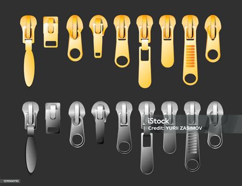 지퍼 세트 금과 은 금속 폐쇄 및 오픈 지퍼와 풀러 현실적인 세트 블랙 배경 벡터 일러스트에 격리 3차원 형태에 대한 스톡 벡터 아트 및 기타 이미지 Istock