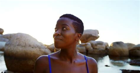 Beautiful Black Model Posing Beach Bikini Stock Footage Video 100