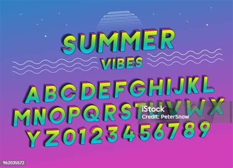생생한 색상으로 여름 느낌 글꼴 효과 디자인입니다 벡터 예술입니다 전체 알파벳 및 숫자 포함 1990 1999 년에 대한 스톡