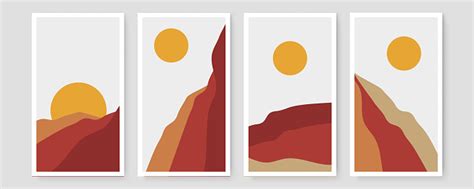 4 개의 추상 적 미학 중반 세기 현대 풍경 현대 풍경 현대 보헤 포스터 표지 템플릿의 세트 아트 프린트 엽서 벽지 벽예술에 대한 최소한의 자연 일러스트레이션 0명에 대한