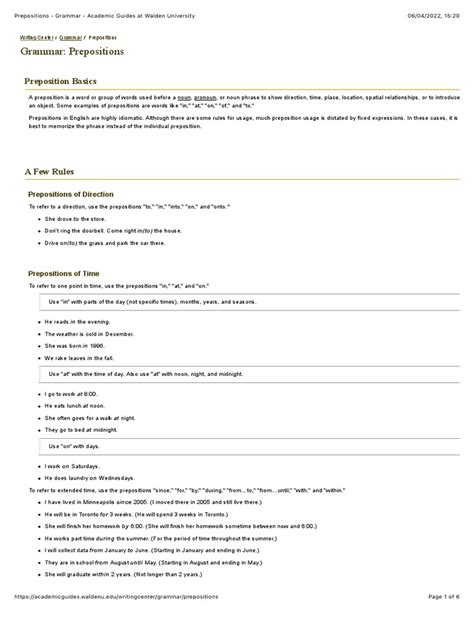 Prepositions Grammar Academic Guides At Walden University Pdf