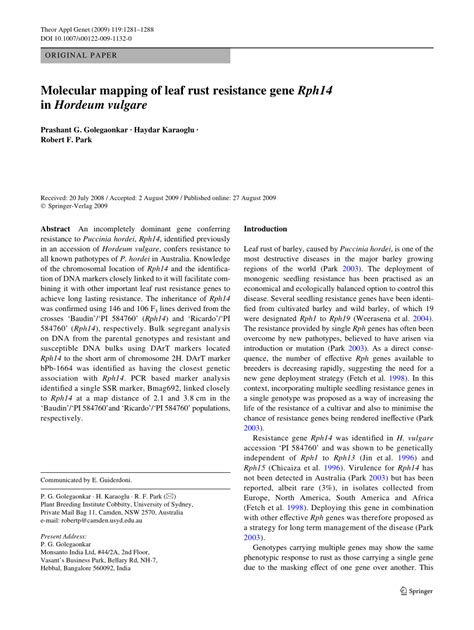 Pdf Molecular Mapping Of Leaf Rust Resistance Gene Rph14 In Hordeum Vulgare