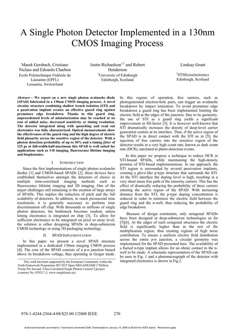 Pdf A Single Photon Detector Implemented In A 130nm Cmos Imaging Process