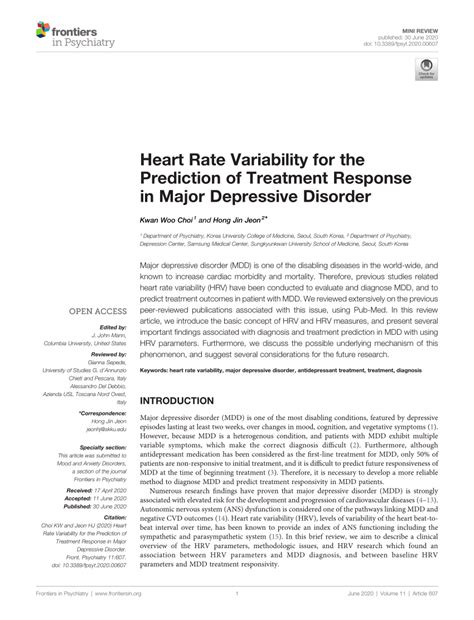 Pdf Heart Rate Variability For The Prediction Of Treatment Response In Major Depressive Disorder