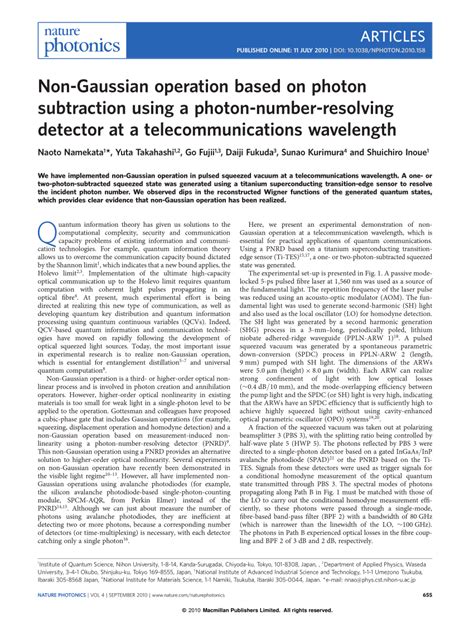 Pdf Non Gaussian Operation Based On Photon Subtraction Using A Photon Number Resolving