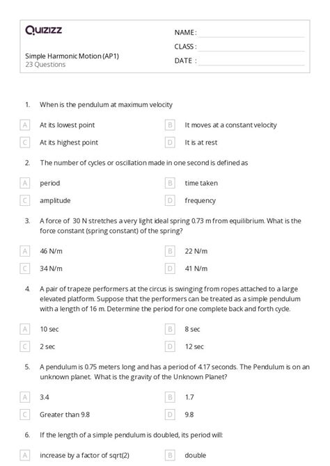 Simple Harmonic Motion Worksheets On Quizizz Free Printable