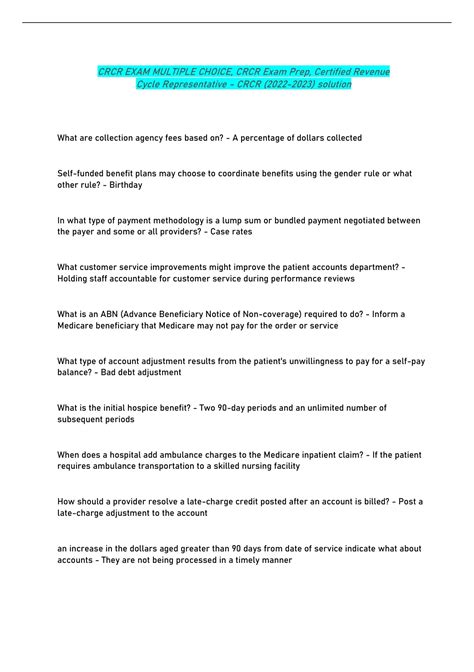 CRCR EXAM MULTIPLE CHOICE CRCR Exam Prep Certified Revenue Cycle Representative CRCR
