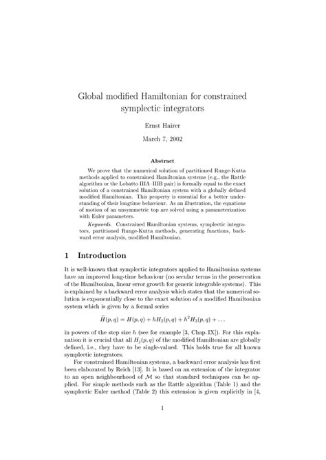 Pdf Global Modified Hamiltonian For Constrained Symplectic Integrators