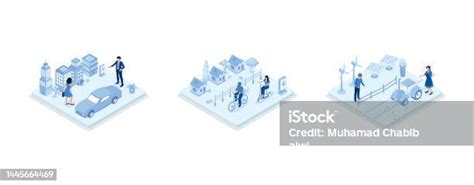 현대 도심의 전기 자동차 캐릭터 운전 전자 스쿠터 풍차와 태양 전지판이 있는 스마트 에코 농장 지속 가능한 미래 개념 아이소메트릭 벡터 그림 설정 도시에 대한 스톡 벡터