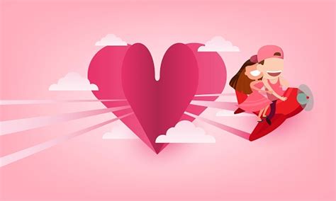 귀여운 만화 웨딩 커플 남자와 여자 카드는 비행기 출시와 심장 구름을 구동합니다 스타트업 플랫 디자인 귀여운 발렌타인 데이 카드 결혼식에 대한 스톡 벡터 아트 및 기타