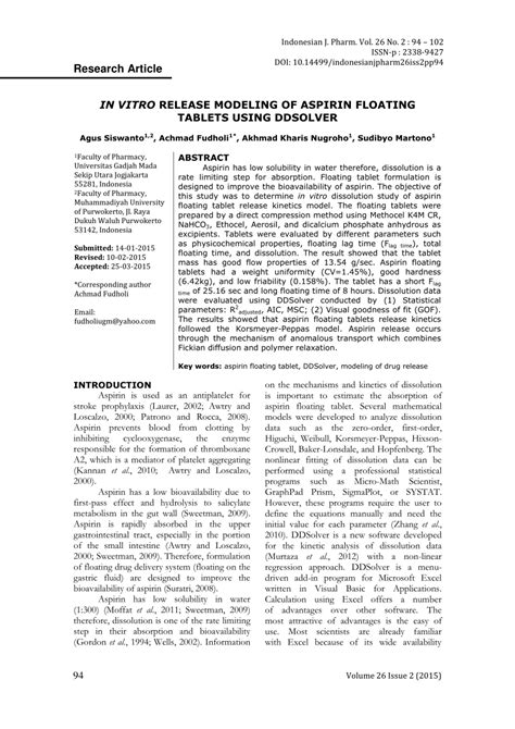 Pdf In Vitro Release Modeling Of Aspirin Floating Tablets Using Ddsolver