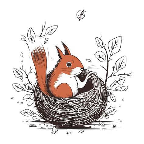 Premium Vector Hand Drawn Vector Illustration Of A Cute Red Squirrel In A Nest