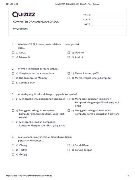 Komputer Dan Jaringan Dasar Print Quizizz Pdf Game And Aktivitas