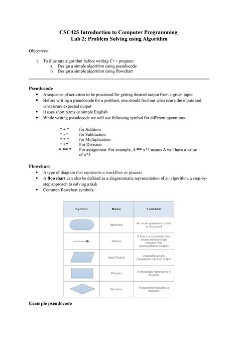 CSC Lab CSC Introduction To Computer Programming Lab Problem Solving Using